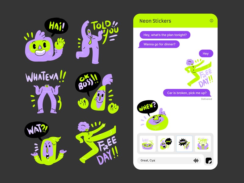 Quirky Neon Vector Sticker Pack for your conversations